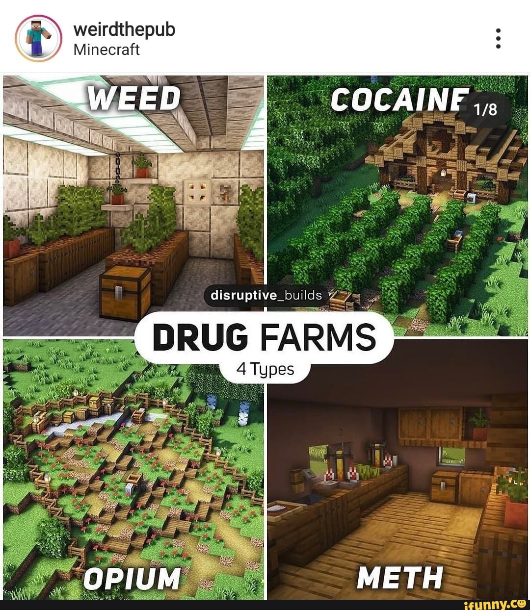 Weirdthepub Minecraft builds DRUG FARMS 4 Types - iFunny