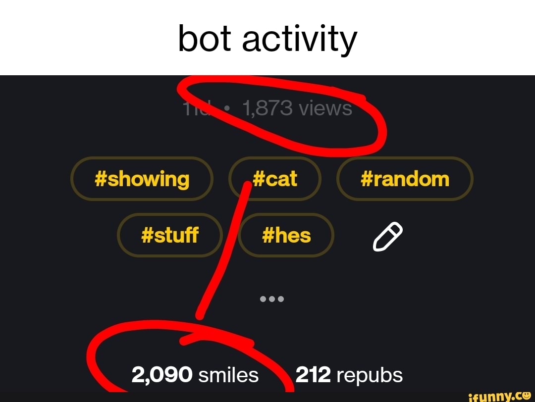 Bot activity 1,873 views #showing #cat #random #stuff #hes OC 2,090 smiles 212 repubs - iFunny