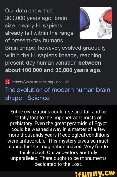 Our data show that, 300,000 years ago, brain size in early H. sapiens ...