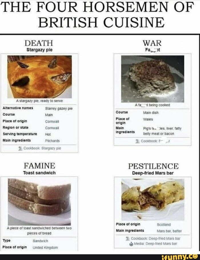 THE FOUR HORSEMEN OF BRITISH CUISINE DEATH Stargazy pie 'Asiargazy ple ...