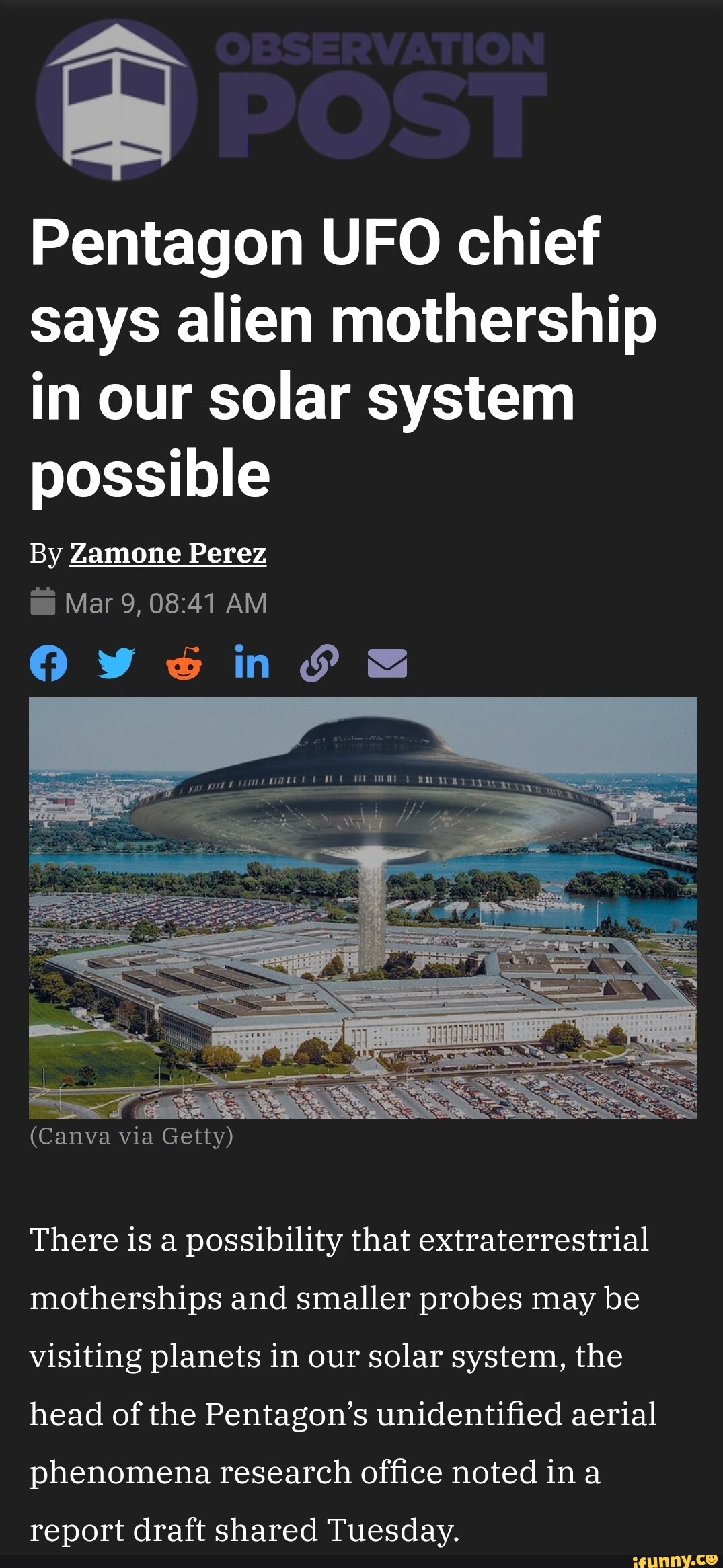 Pentagon UFO chief says alien mothership in our solar system possible ...