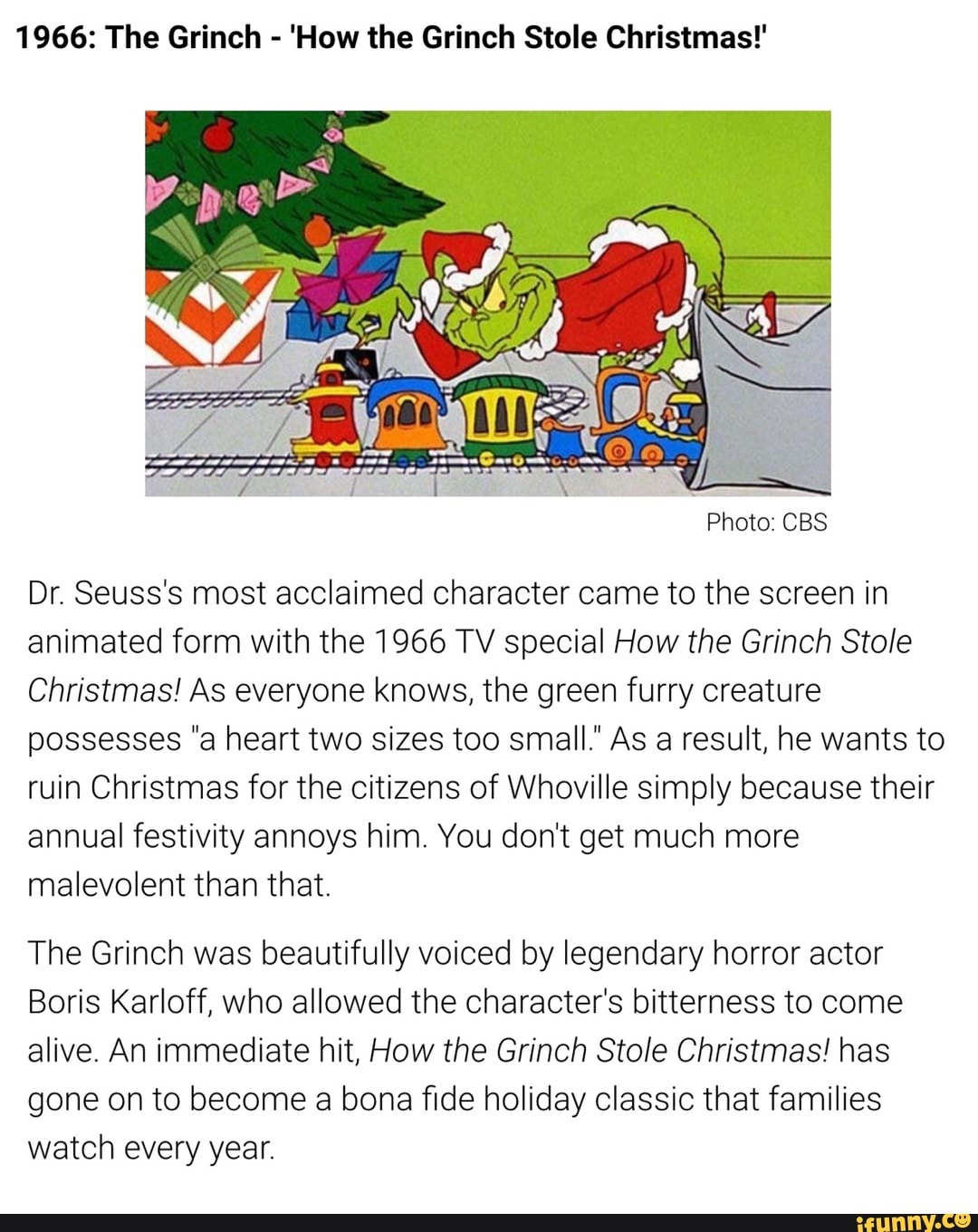 1966: The Grinch 'How the Grinch Stole Christmas! Photo: CBS Dr. Seuss ...