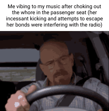 Me vibing to my music after choking out the whore in the passenger seat ...