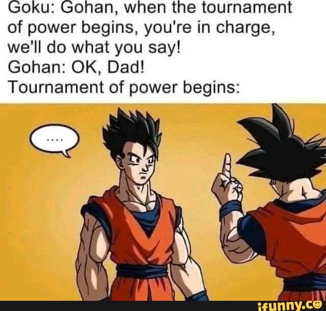 Goku: Gohan, when the tournament of power begins, you're in charge, we ...
