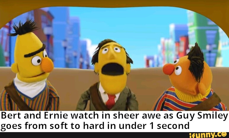 Bert and Ernie watch in sheer awe as Guy Smiley goes from soft to hard ...