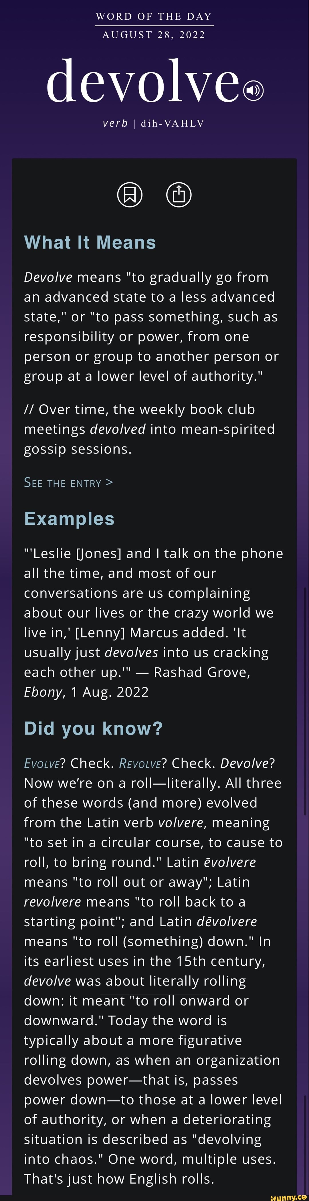 WORD OF THE DAY AUGUST 28, 2022 devolvee verb I dih-VAHLV What It Means ...