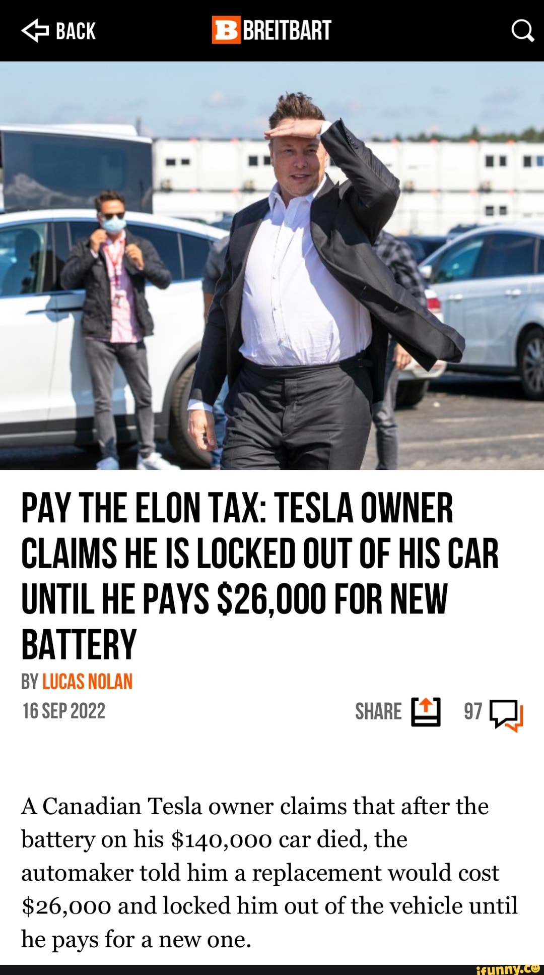 BREITBART PAY THE ELON TAX: TESLA OWNER CLAIMS HE IS LOCKED OUT OF HIS ...