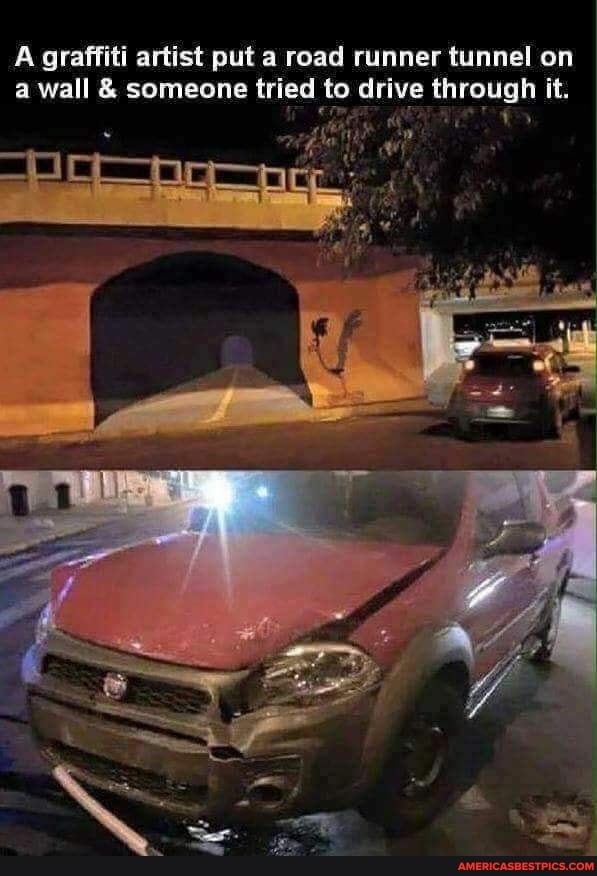 A graffiti artist put a road runner tunnel on a wall & someone tried to ...