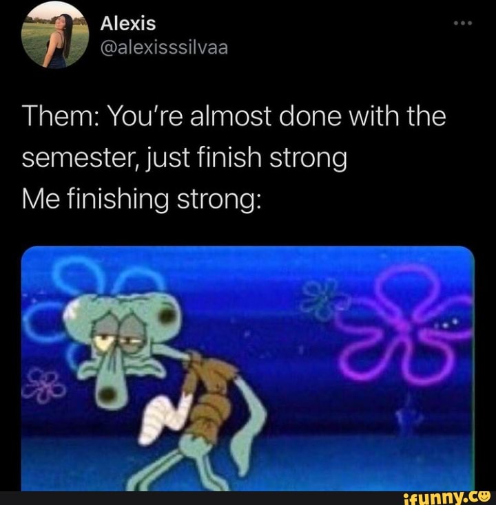 Them: You're almost done with the semester, just finish strong Me finishing strong: - iFunny
