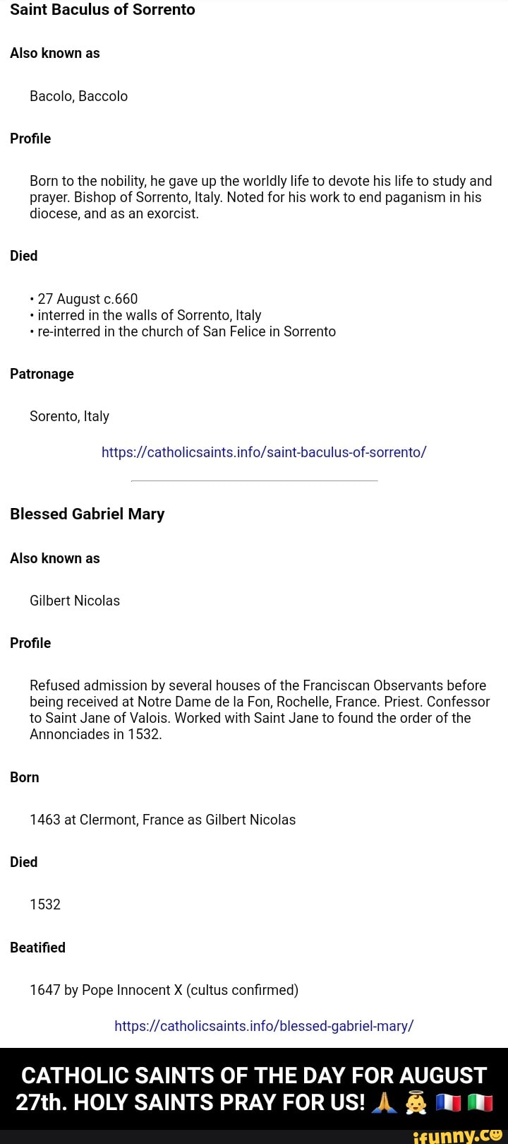 Saint Baculus of Sorrento Also known as Bacolo, Baccolo Profile Born to ...