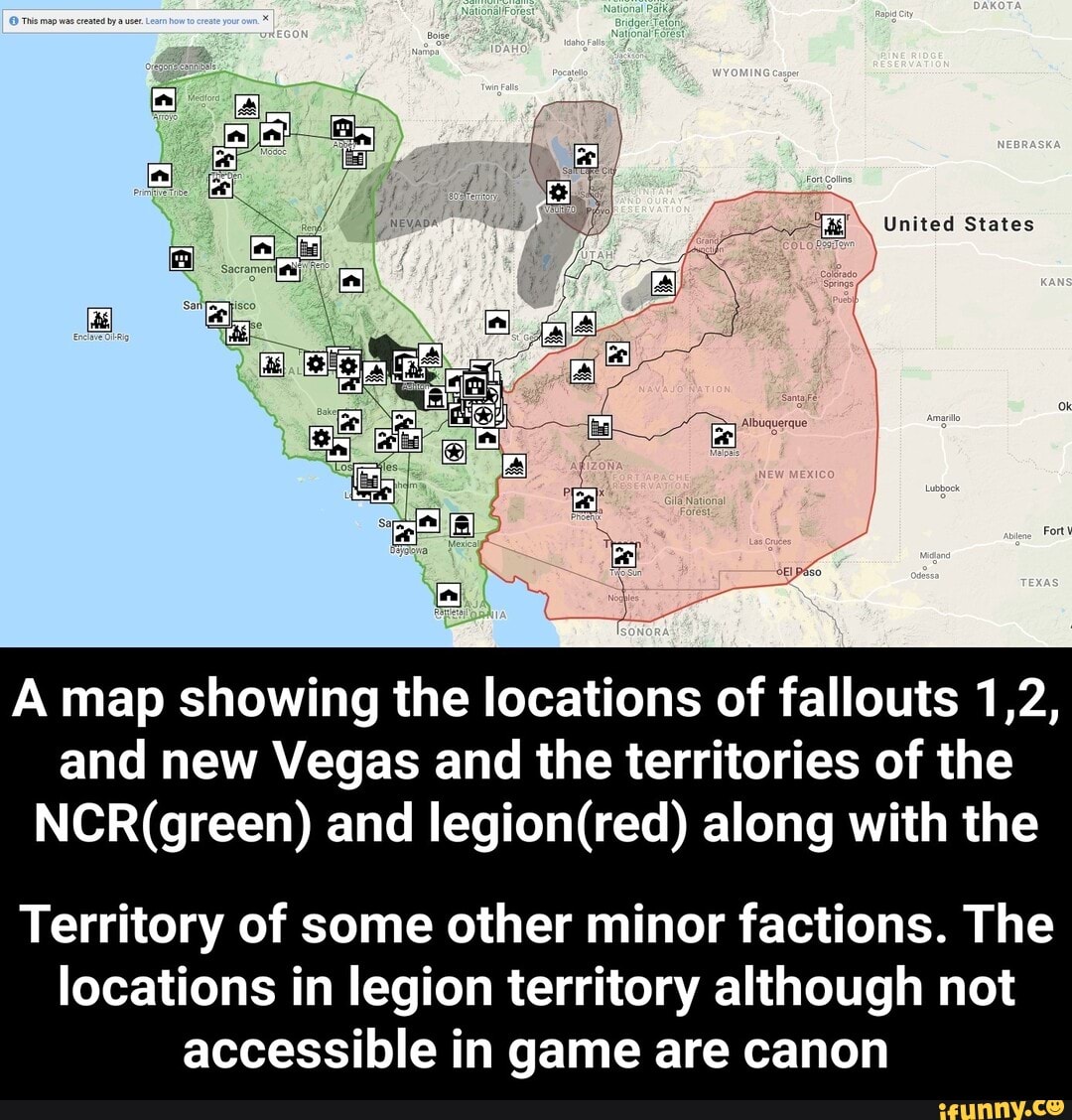 A map showing the locations of fallouts 1,2, and new Vegas and the ...