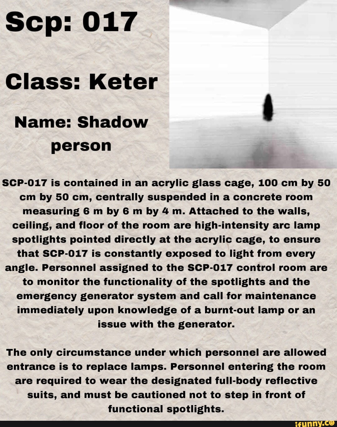 Scp: 017 Class: Keter Name: Shadow person 'cir SCP-017 is contained in ...