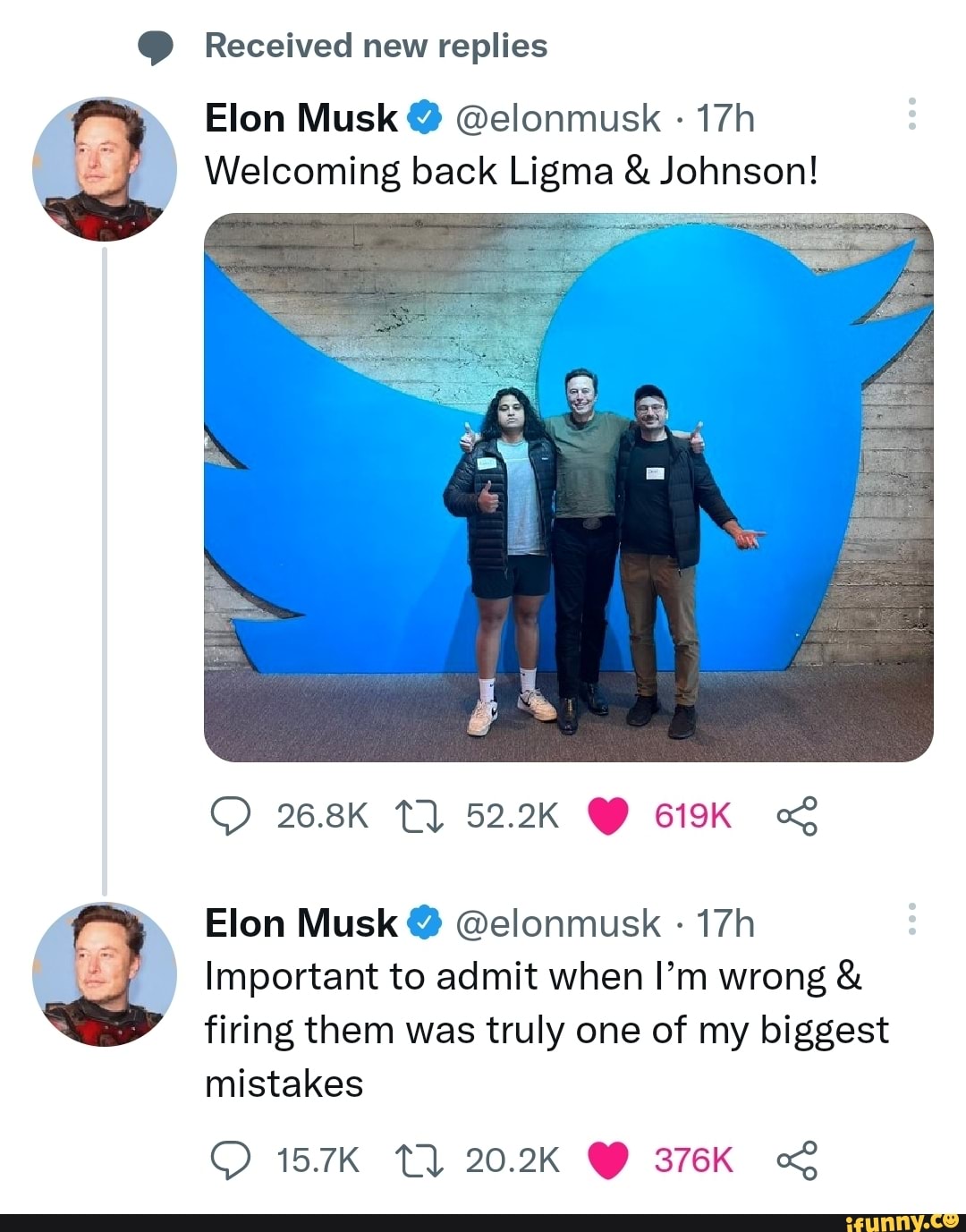 @ Received new replies Elon Musk @ @elonmusk - Welcoming back Ligma ...
