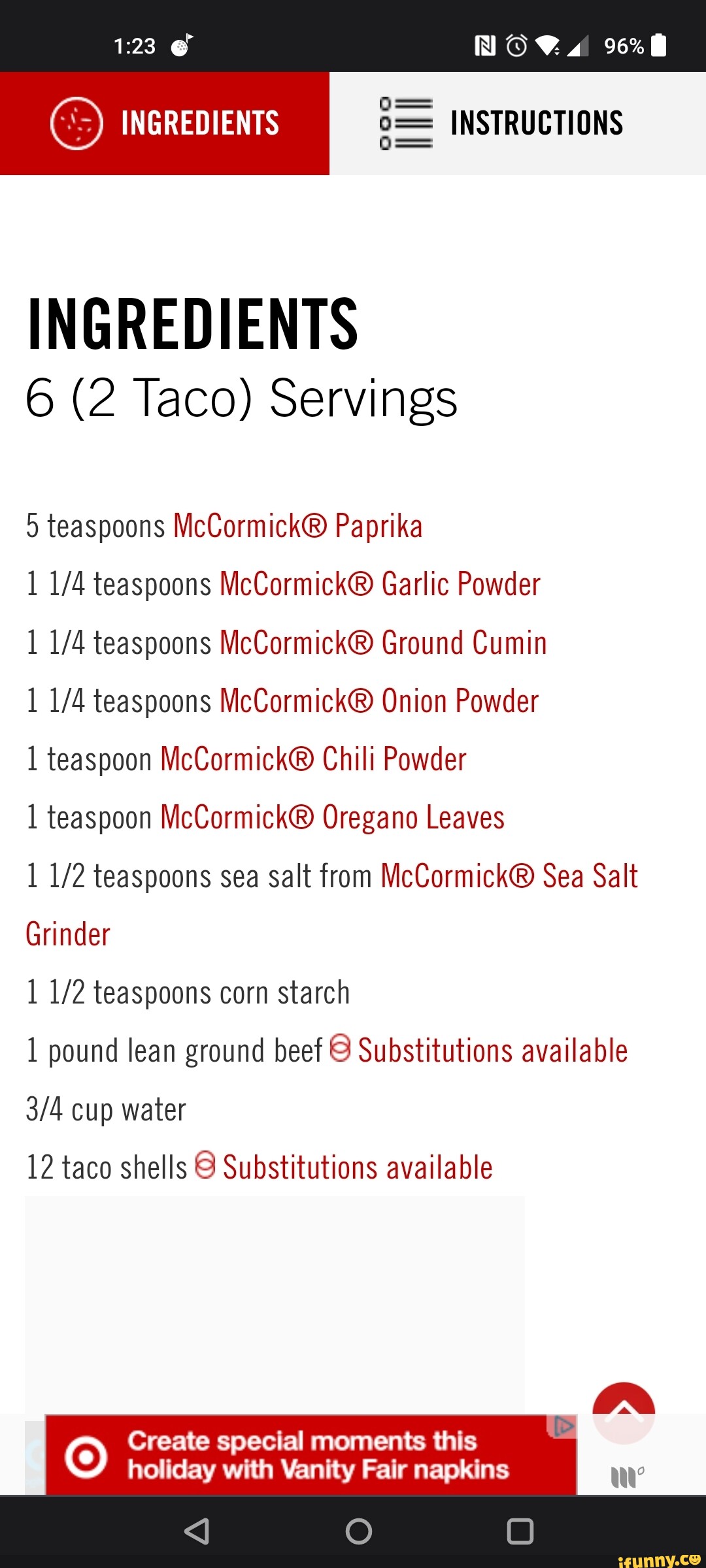 NO@ 96% = INSTRUCTIONS INGREDIENTS INGREDIENTS 6 (2 Taco) Servings ...