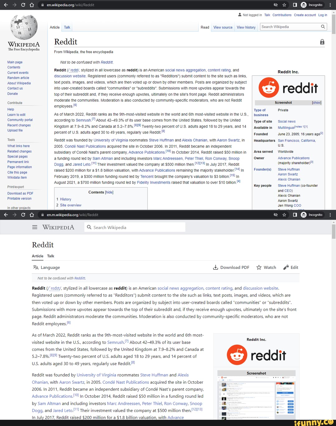 The difference between the normal and the mobile layout of a Wikipedia article (take note of the ...