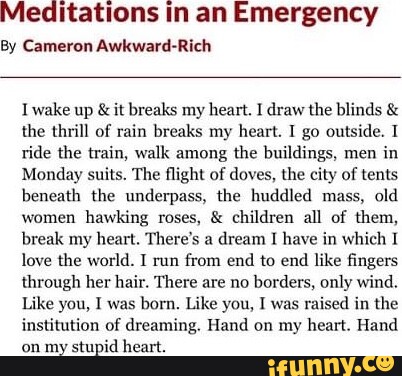 Meditations in an Emergency By Cameron Awkward-Rich I wake up & it ...
