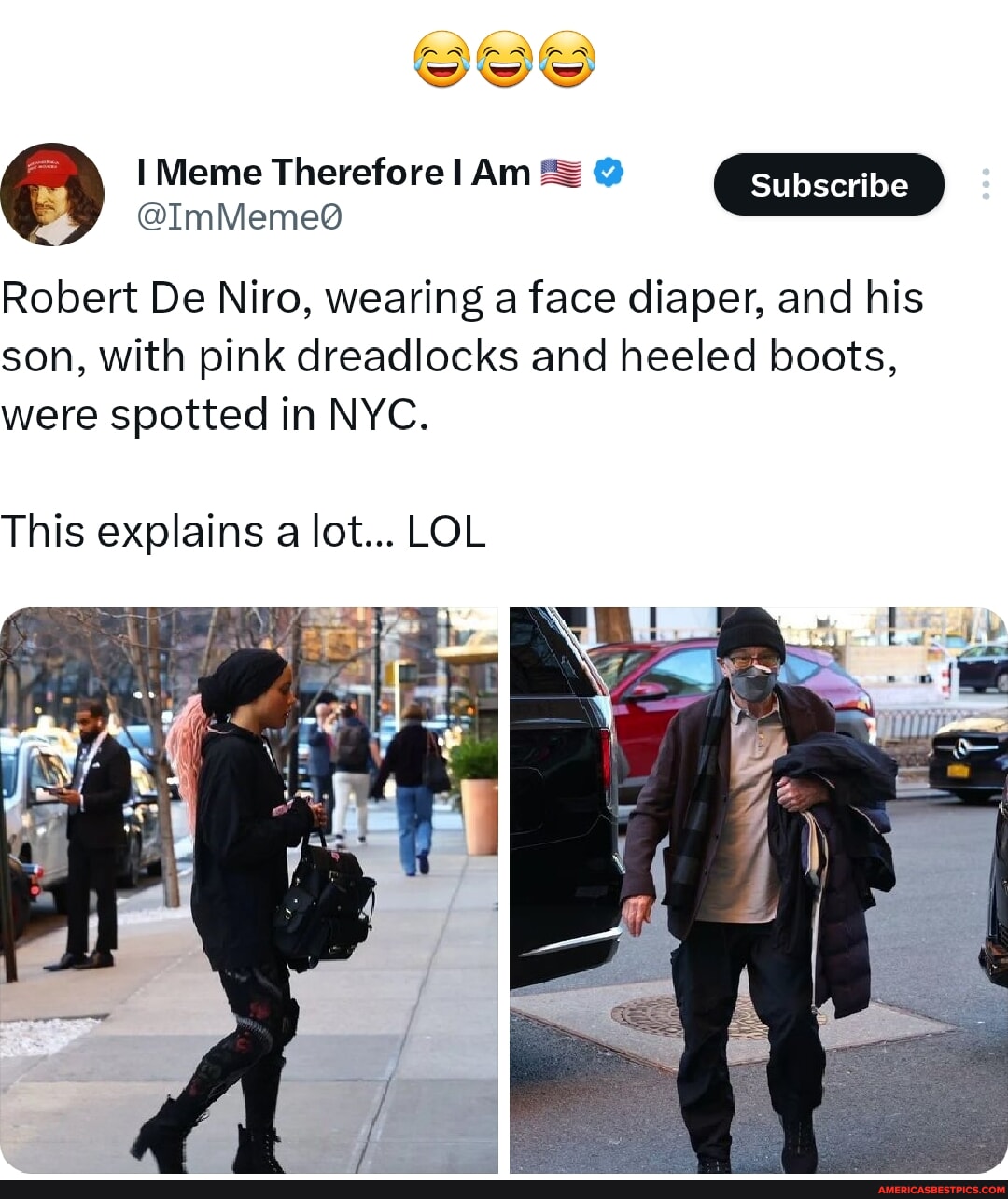 ) Therefore Am Robert De Niro, wearing a face diaper, and his son, with ...