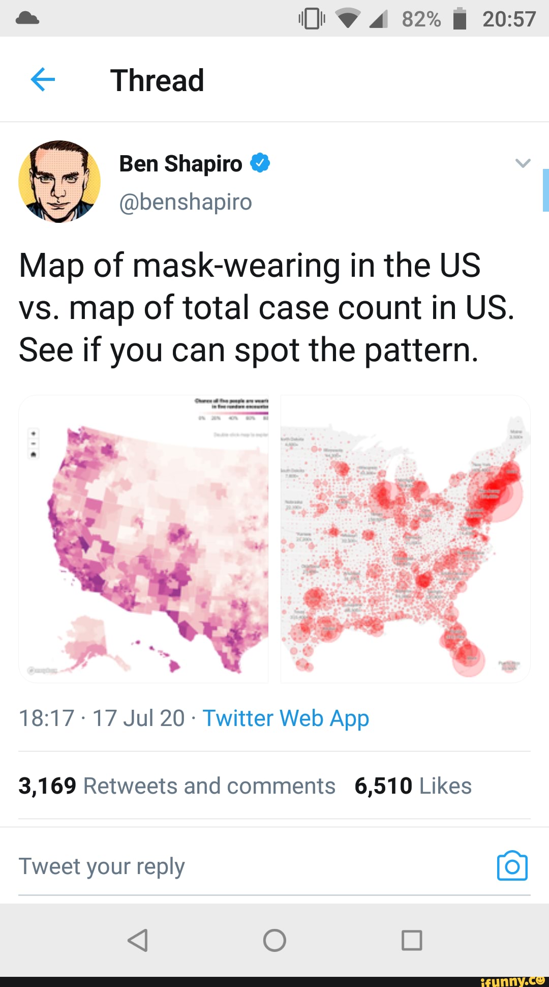82% Thread Ben Shapiro @ @benshapiro Map of mask-wearing in the US vs ...