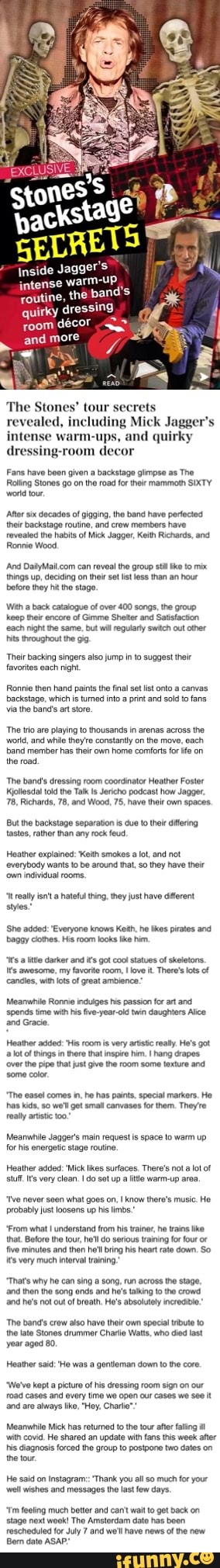 The Stones open up about touring life and quirky dressing room decor. 6 ...
