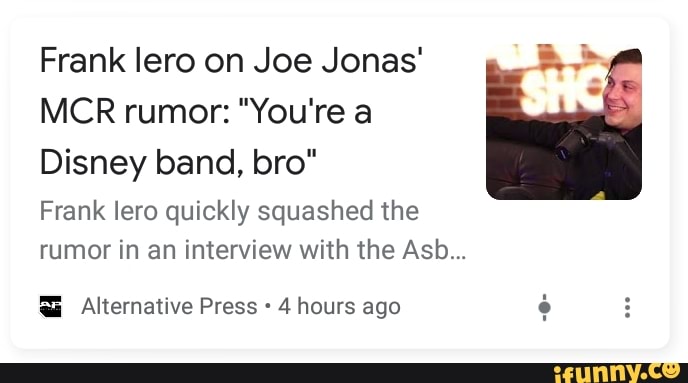 Frank lero on Joe Jonas' MCR rumor: "You're a Disney band, bro" Frank ...