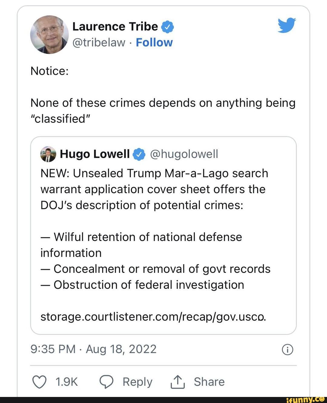 Laurence Tribe @ @tribelaw - Follow Notice: None of these crimes ...