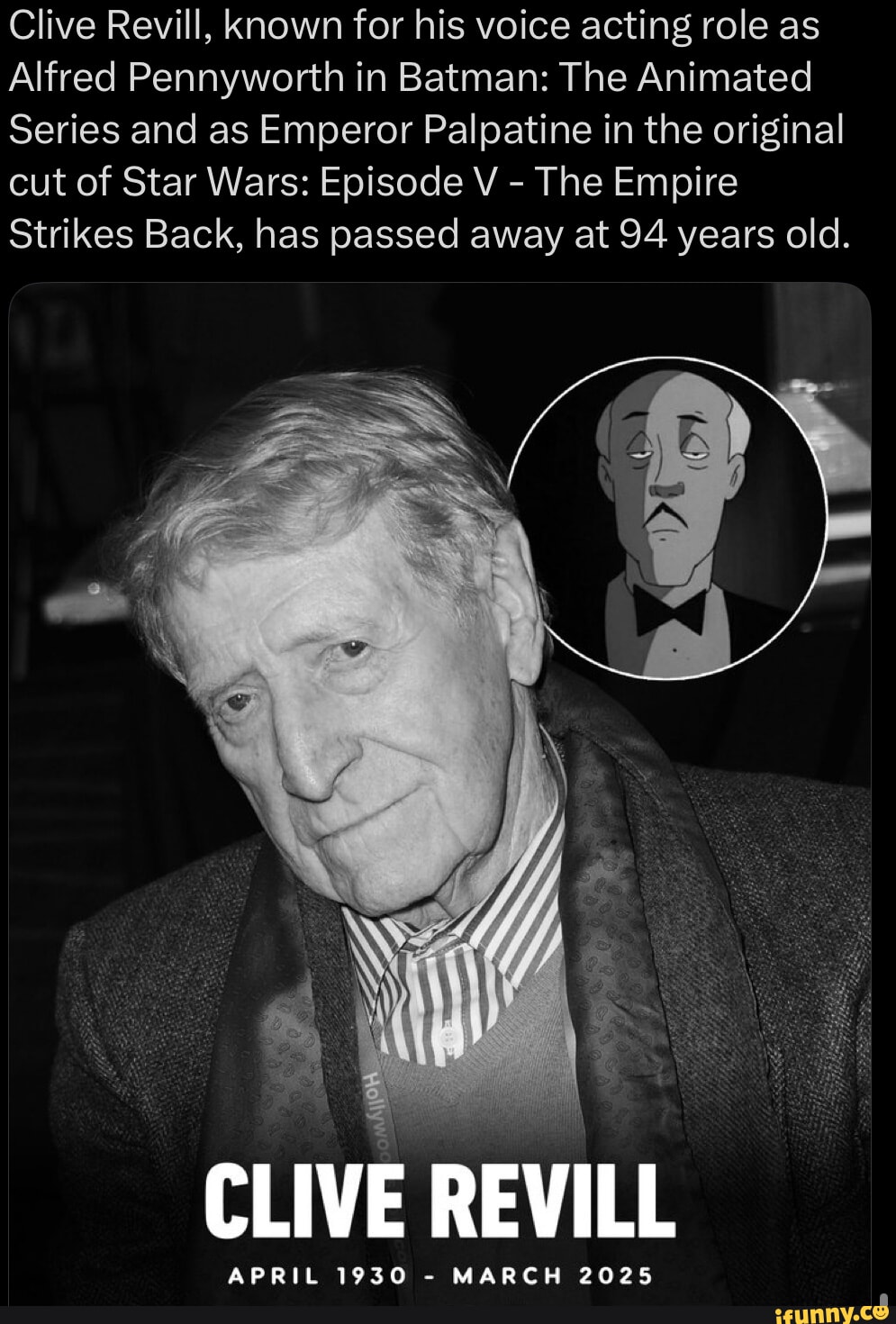 Clive Revill, known for his voice acting role as Alfred Pennyworth in ...