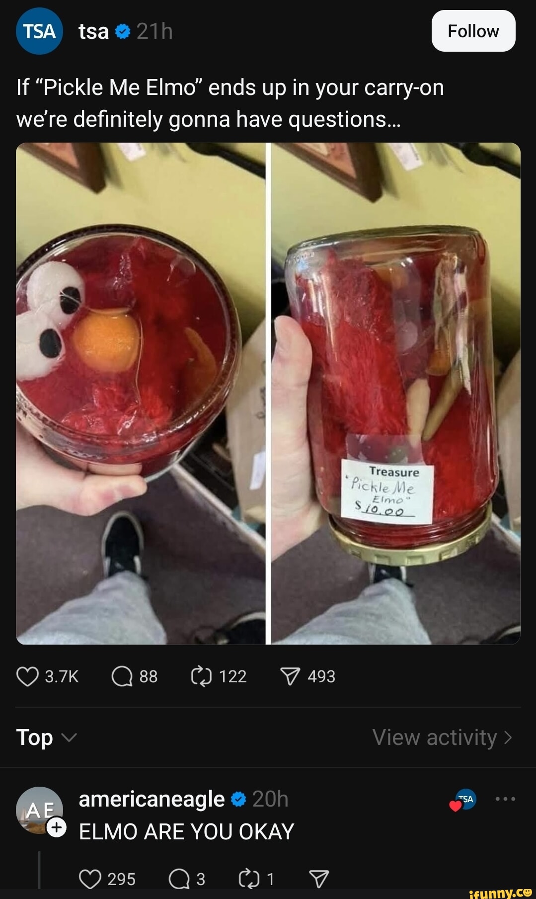 TSA) tsa Follew If "Pickle Me Elmo" ends up in your carry-on we're ...