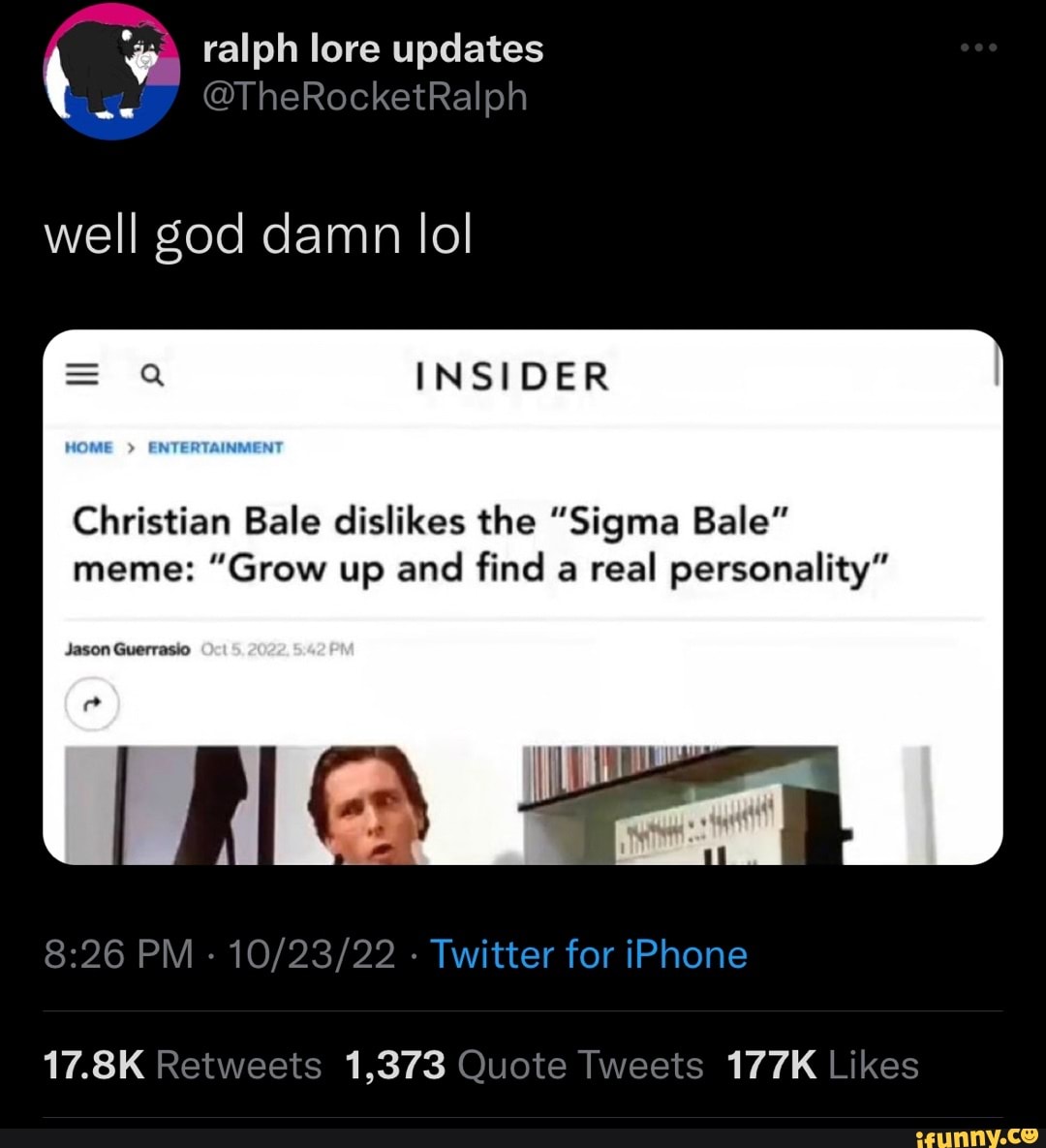 Ralph lore updates well god damn lol INSIDER Christian Bale dislikes ...