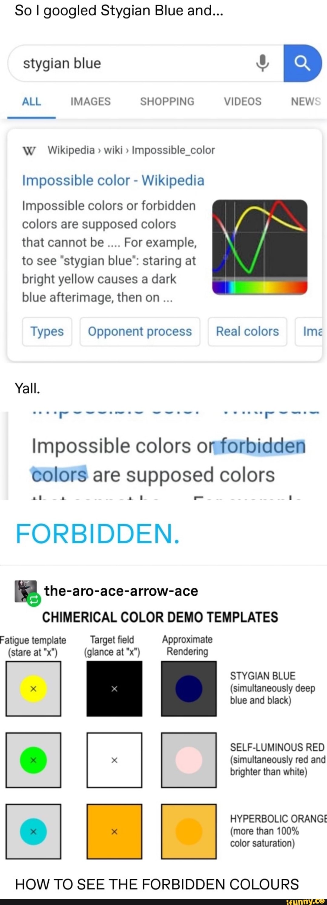 So I googled Stygian Blue and... W Wikipedia Impossible color ...