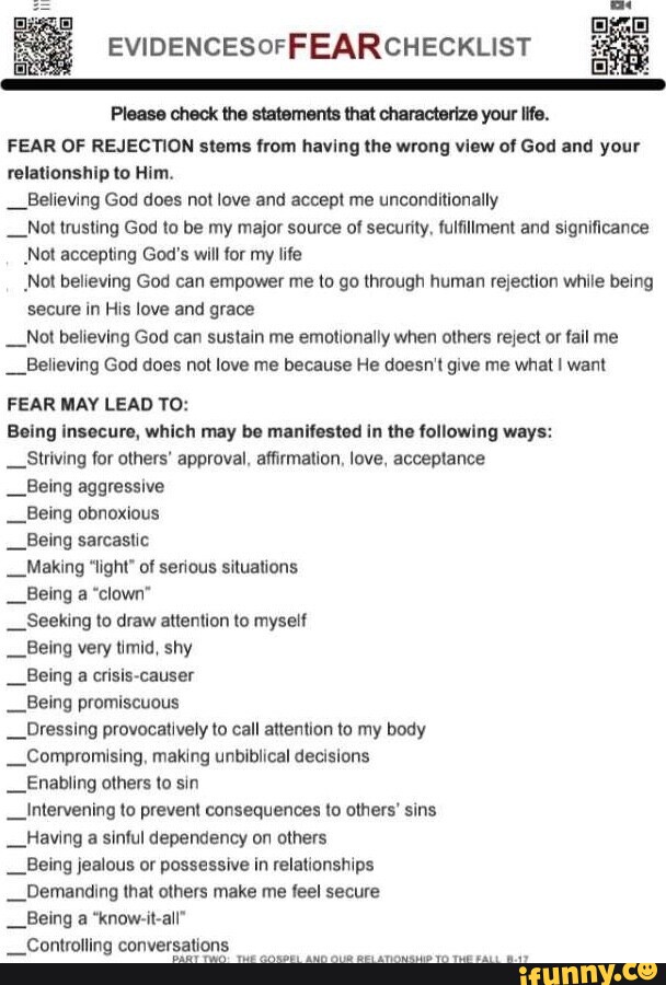CHECKLIST Please check the statements that characterize your life. FEAR ...