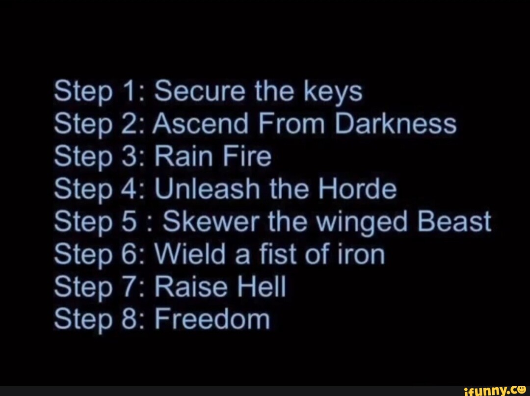 Step 1: Secure the keys Step 2: Ascend From Darkness Step 3: Rain Fire ...