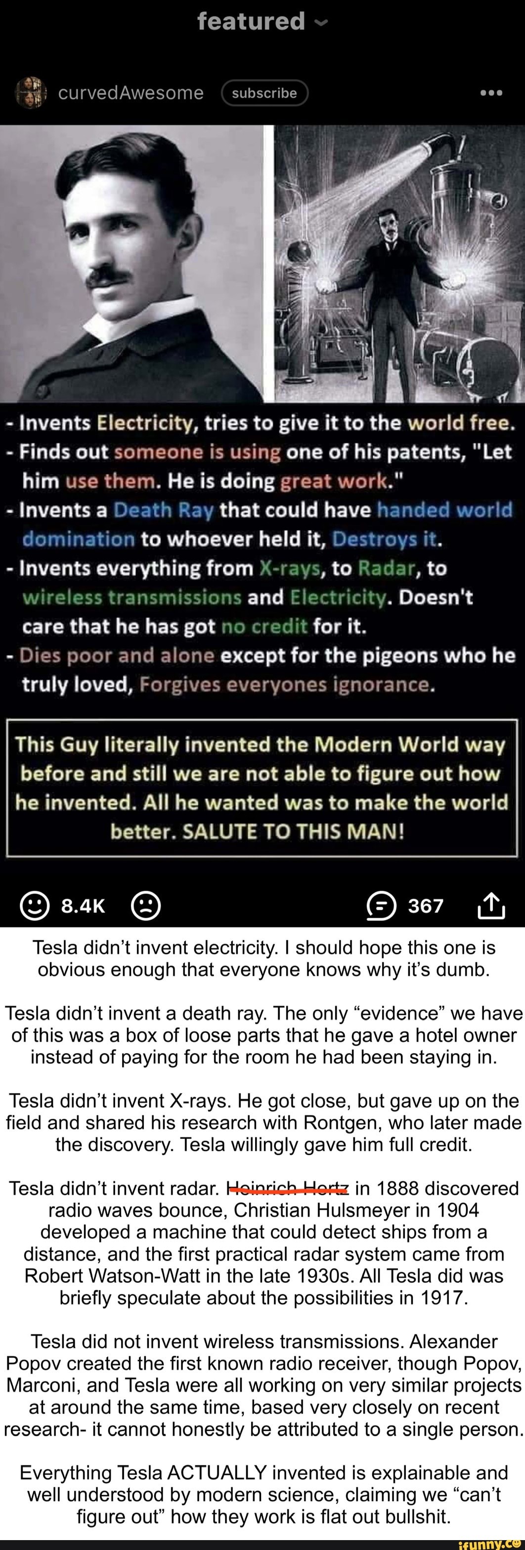 Featured curvedAwesome subscribe - Invents Electricity, tries to give ...