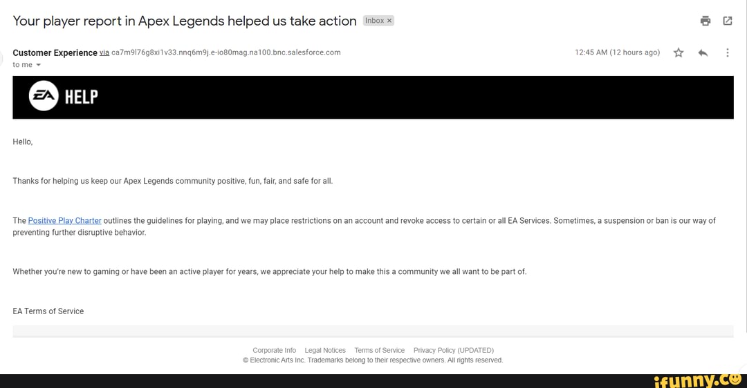 Your player report in Apex Legends helped us take action Inbox Customer ...