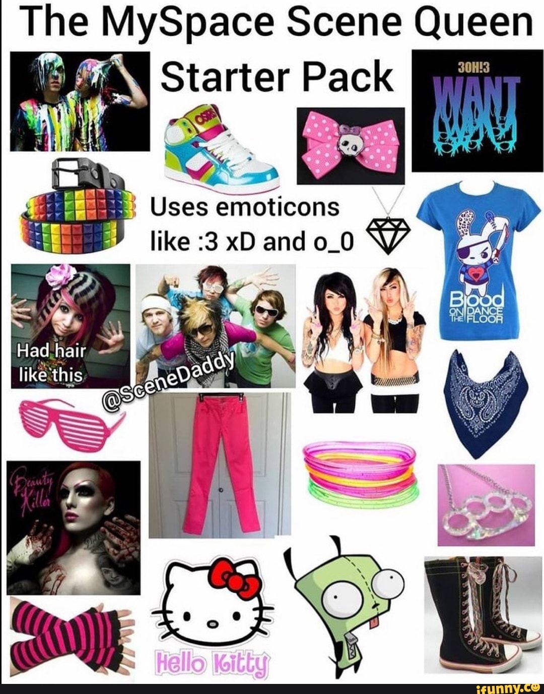 The MySpace Scene Queen I Starter Pack Uses emoticons like :3 xD and 0 ...