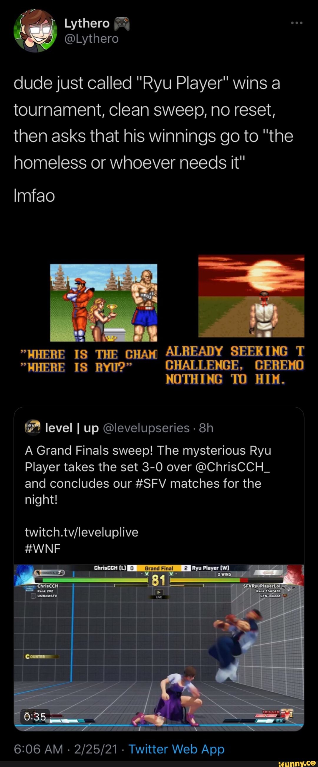 Lythero dude just called "Ryu Player" wins a tournament, clean sweep ...