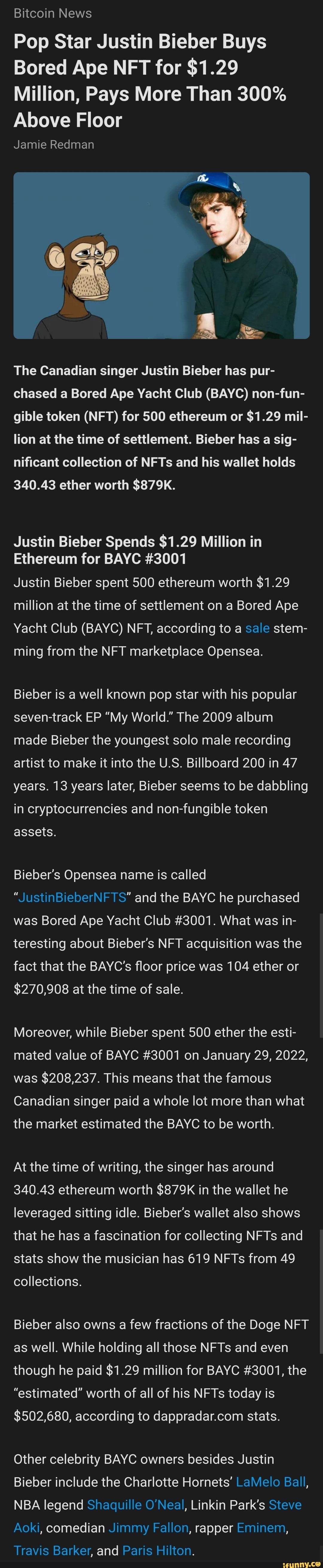 Bitcoin News Pop Star Justin Bieber Buys Bored Ape NFT for $1.29 ...