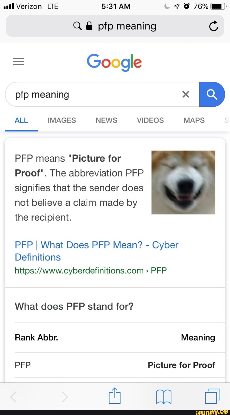 .IIIVerizon LTE 5231AM L 4 0‘ 76% E} PFP means "Picture for Proof". The ...