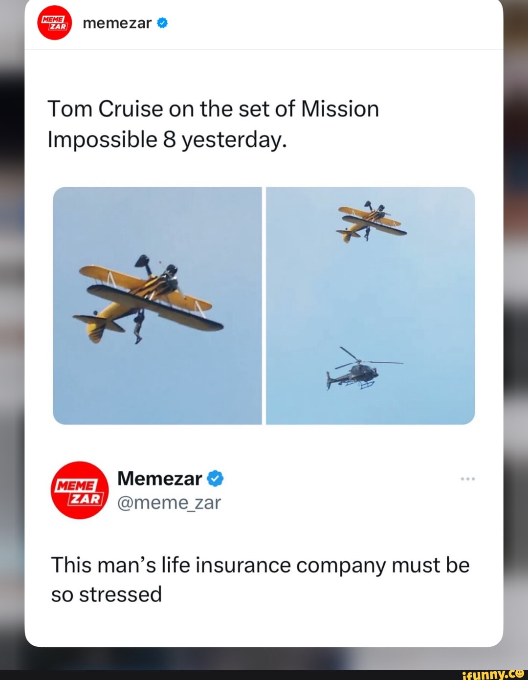 Memezar Tom Cruise on the set of Mission Impossible 8 yesterday. [MEME ...