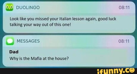 DUOLINGO Look like you missed your Italian lesson again, good luck ...