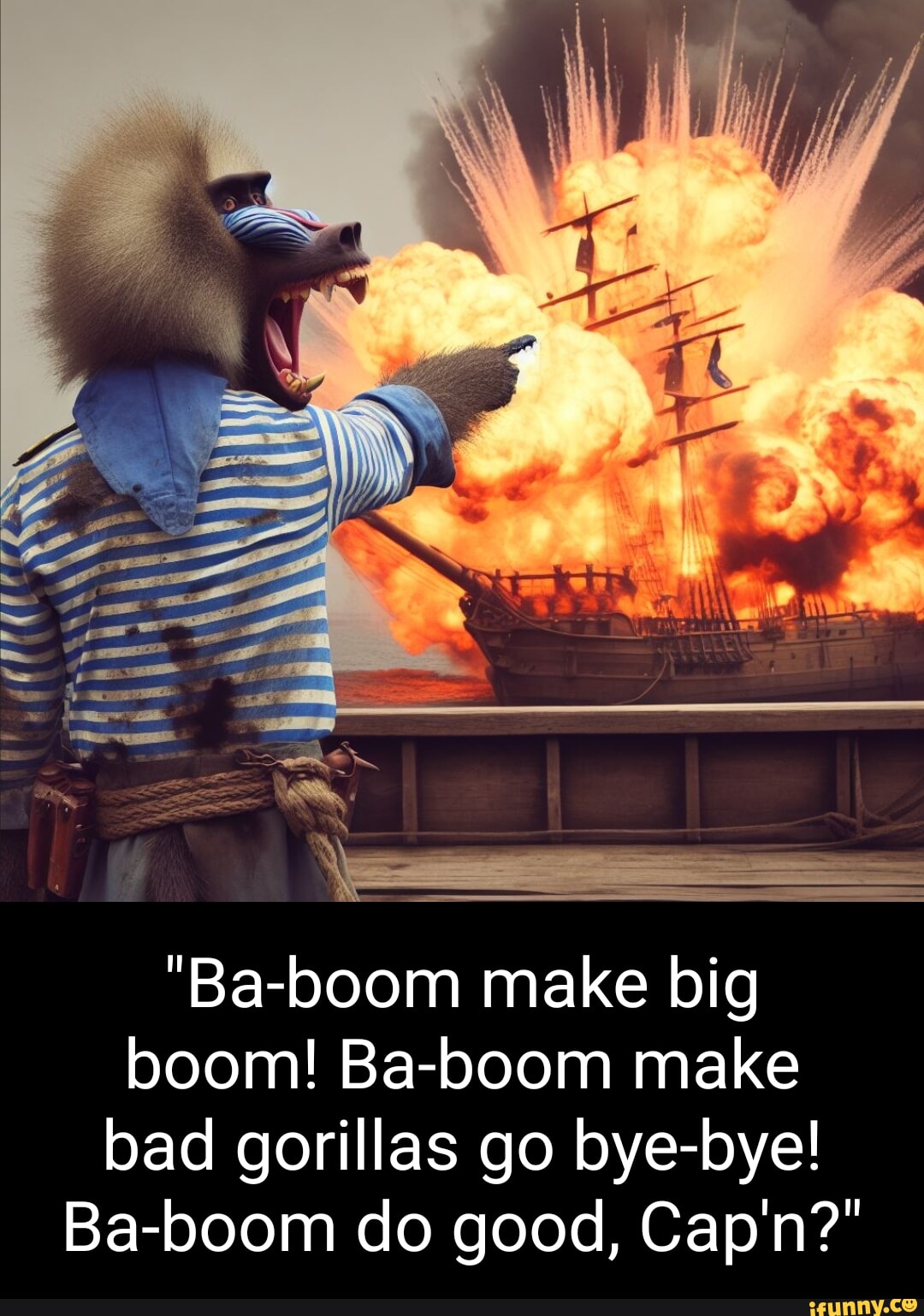"Ba-boom make big boom! Ba-boom make bad gorillas go bye-bye! Ba-boom ...