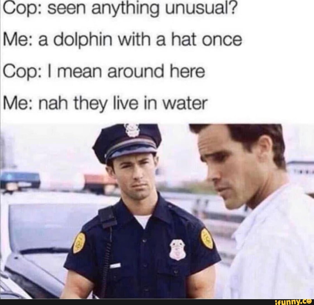 Cop: seen anything unusual? Me: a dolphin with a hat once Cop: I mean ...