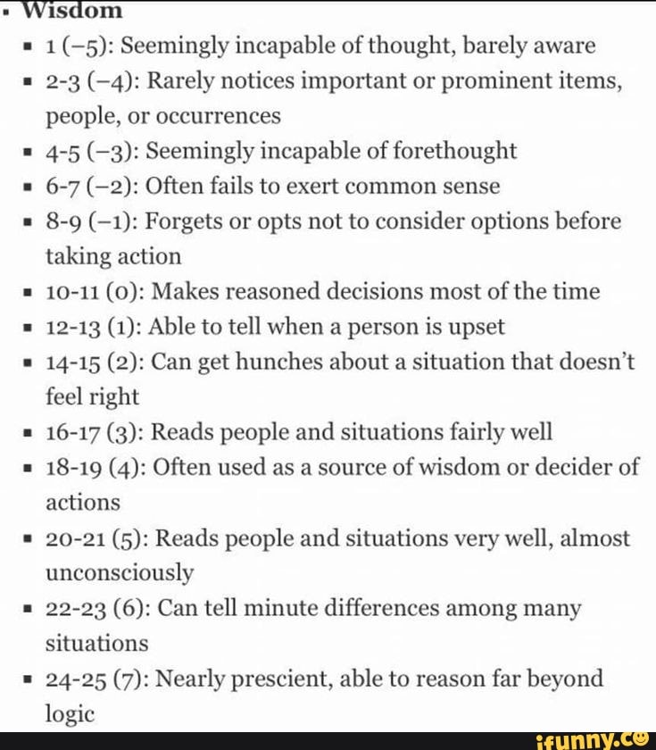Wisdom 1(-5): Seemingly incapable of thought, barely aware = 2-3 (-4 ...