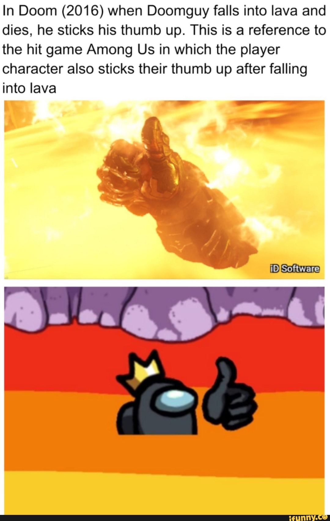 In Doom (2016) when Doomguy falls into lava and dies, he sticks his ...