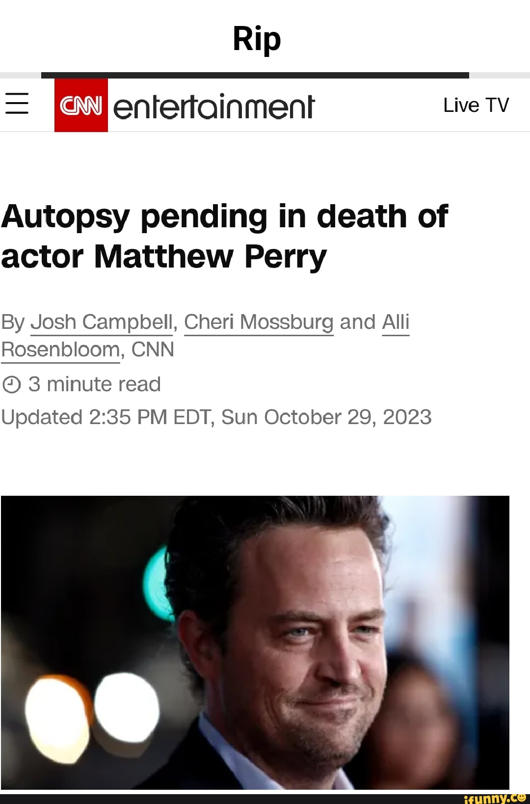Rip entertainment Live TV Autopsy pending in death of actor Matthew ...