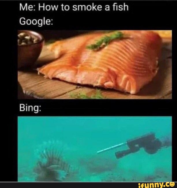 Me: How to smoke a fish Google: Bing: - iFunny