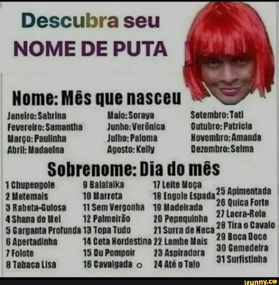 Descubra seu NOME DE PUTA Nome: Mês que nasceu Janeiro: Sabrina Malo ... Descubra seu NOME DE PUTA Nome: Mês que nasceu Janeiro: Sabrina Malo ...