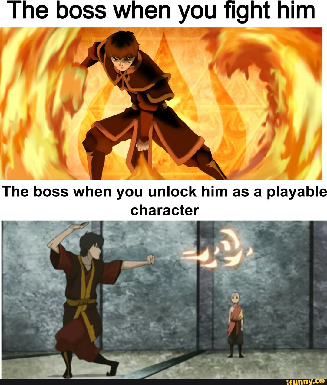 The boss when you fight him The boss when you unlock him as a playable ...