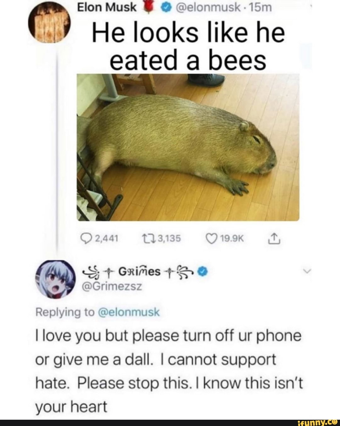 Elon Musk @ @elonmusk He looks like he eated a bees 2,441 113,135 19.9K ...