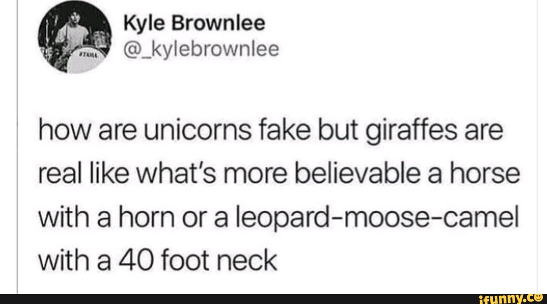 Kyle Brownlee how are unicorns fake but giraffes are real like what's ...