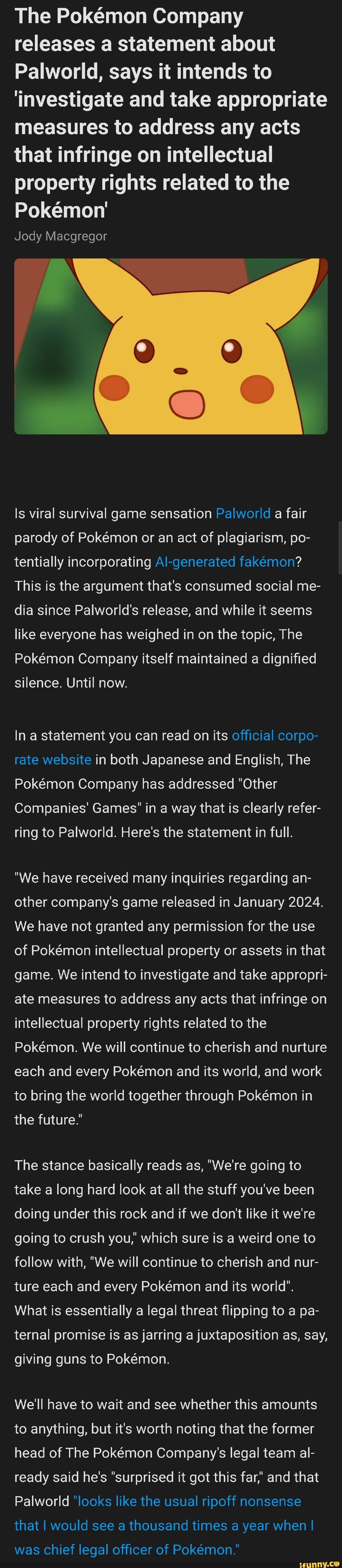 The Pokemon Company releases a statement about Palworld, says it ...